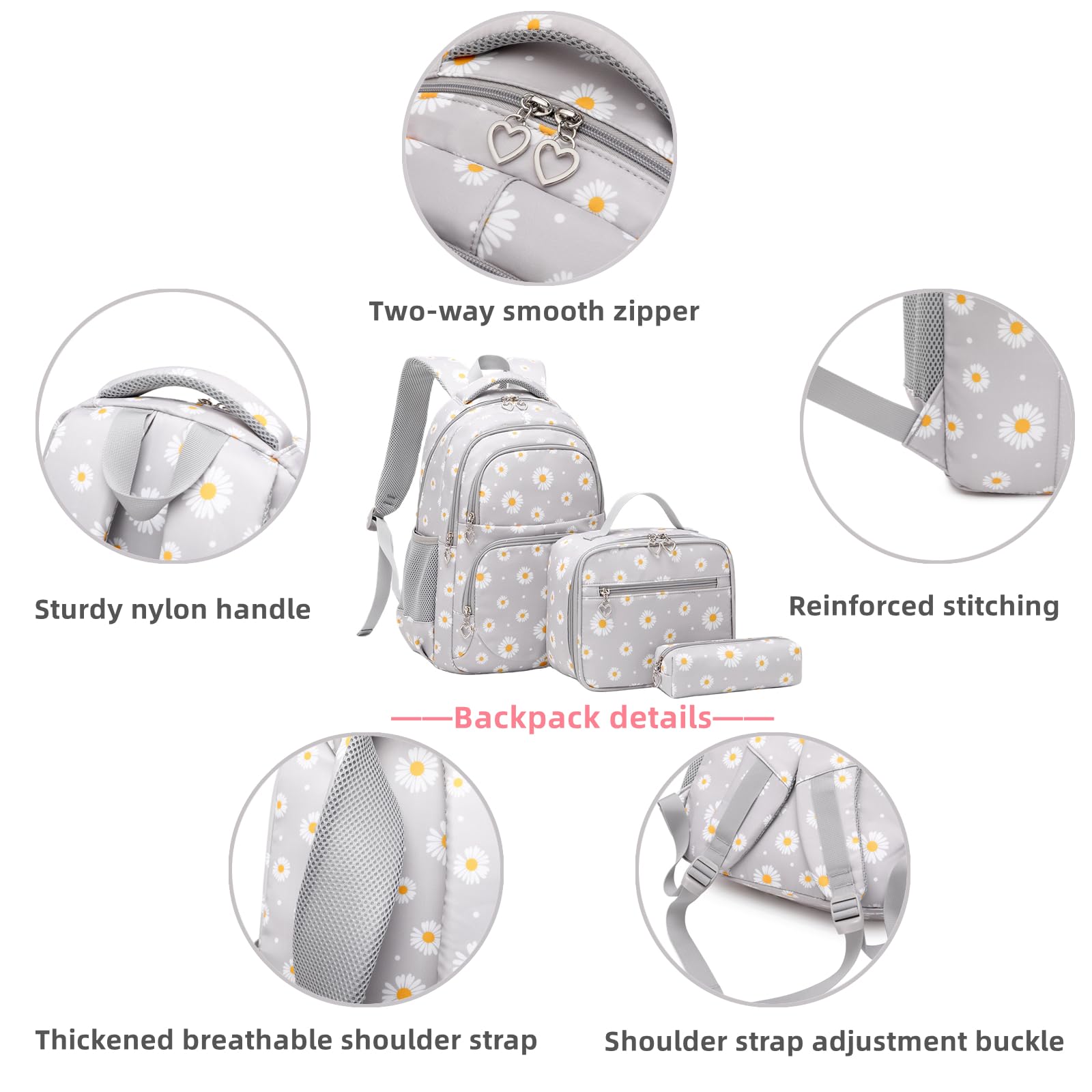 Armbq Daisy Kids Backpack for Girls, Multi Pocket School Bags with Lunch Box for Elementary, Teen Girls Bookbag Set