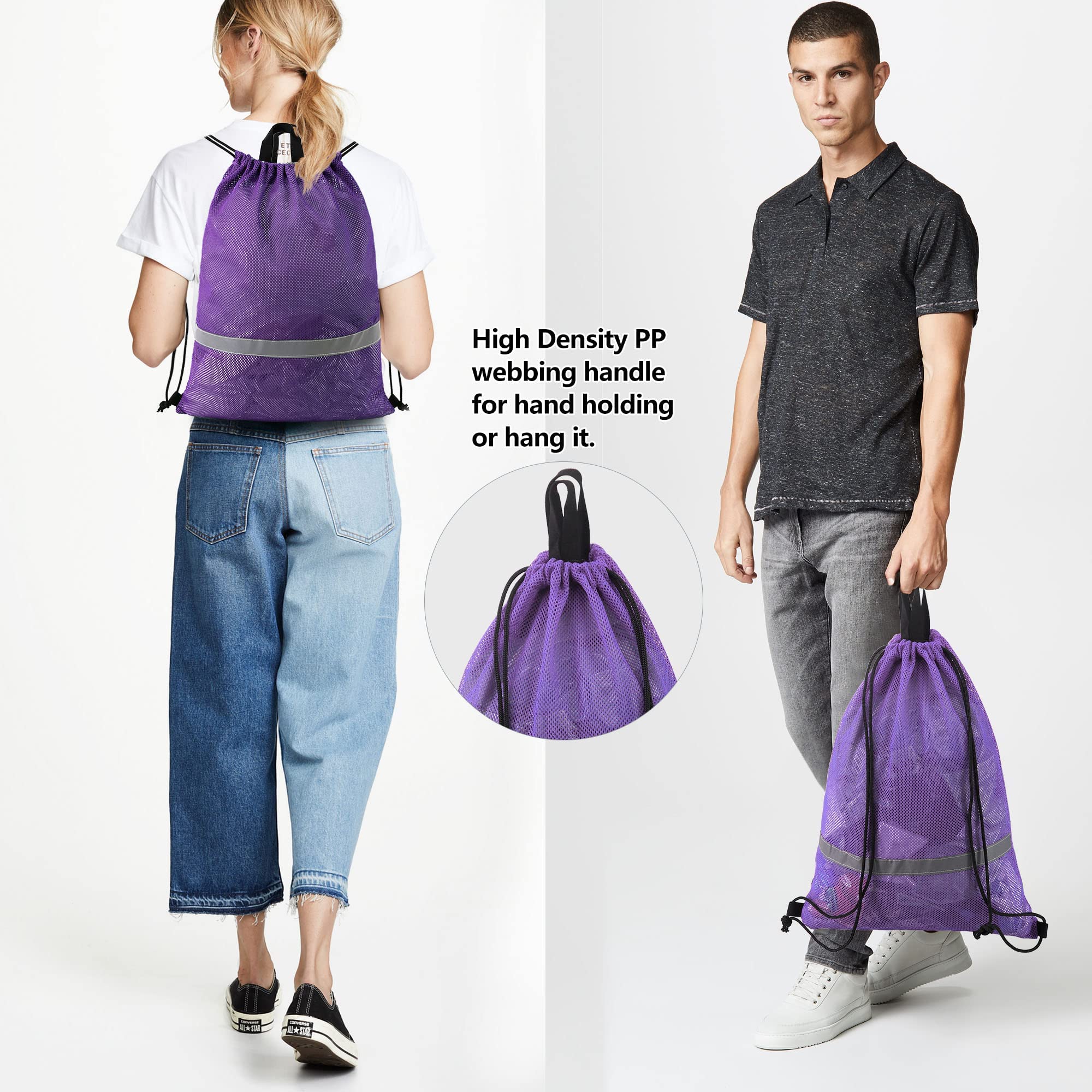 BeeGreen Purple Mesh Drawstring Bag with Pocket Beach Bag for Swimming Gear Pool Football Kickboard Backpack Large Sport Bag for Adults Foldable