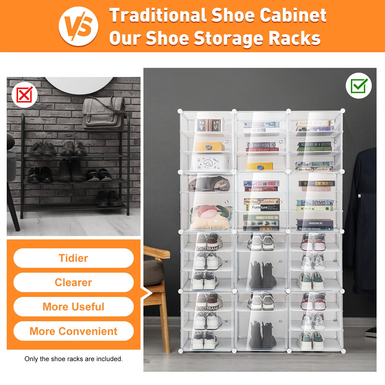 CHALIGHT 12-Tier Shoe Rack - 72 Pairs Shoe Storage Organizer - Stackable, Portable Cabinet (3-Tier Box x 12)
