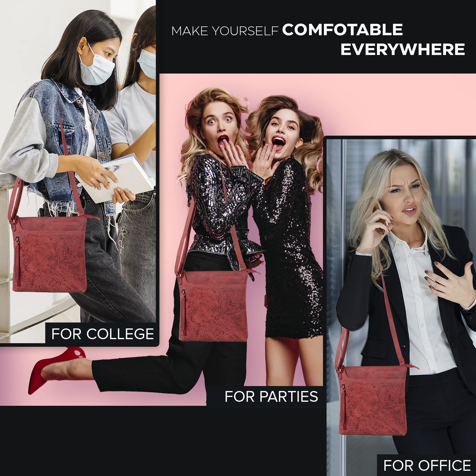 Real Genuine Leather Crossbody Bags for Women - Ladies Sling Bags Adjustable Shoulder Strap Medium Size Purses for Women