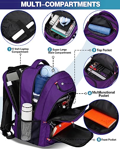 VANKEV Travel Backpack, Extra Large Laptop Backpack for Women Men,School College Business Work Bookbag Anti Theft TSA Approved Computer Bag Fits 17 Inch Laptop with USB Charging Port(Purple)