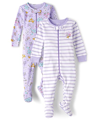 The Children's Place Baby Girls Long Sleeve 100% Cotton Zip-front One Piece Footed Pajama Set And Toddler Sleepers, Lovely Lavender, 6-9 Months US