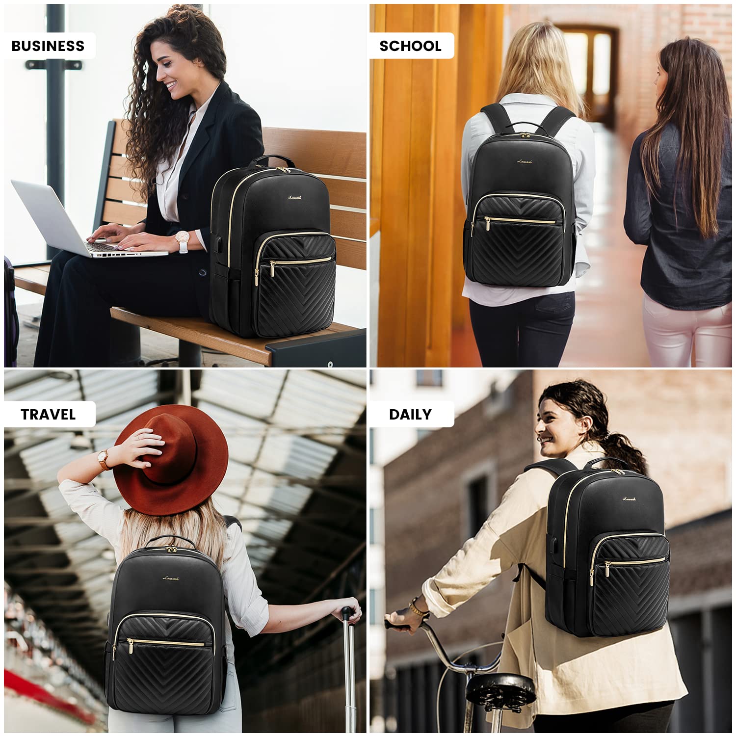 LOVEVOOK Laptop Backpack for Women, Faux PU Leather Quilted Backpack Purse, Business Computer Travel Work Bags, Nurse Backpack for Work, Fits 15.6-Inch Laptop, Black