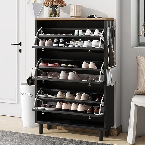 Goohome Narrow Design Shoe Cabinet with 3 Flip Drawers, Wood Grain Pattern Top Entryway Organizer with 3 Hooks, Free Standing Shoe Rack with Adjustable Panel, Modern Style Shoe Rack for Hallway