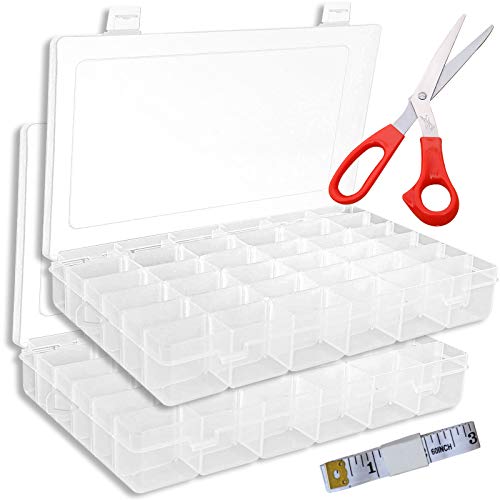 2pack 36 Grids Clear Plastic Organizer Box Storage Container Jewelry Box with Adjustable Dividers for Beads Art Crafts Jewelry Fishing Tackles with 8 Inch Multipurpose Scissors, Soft Ruler