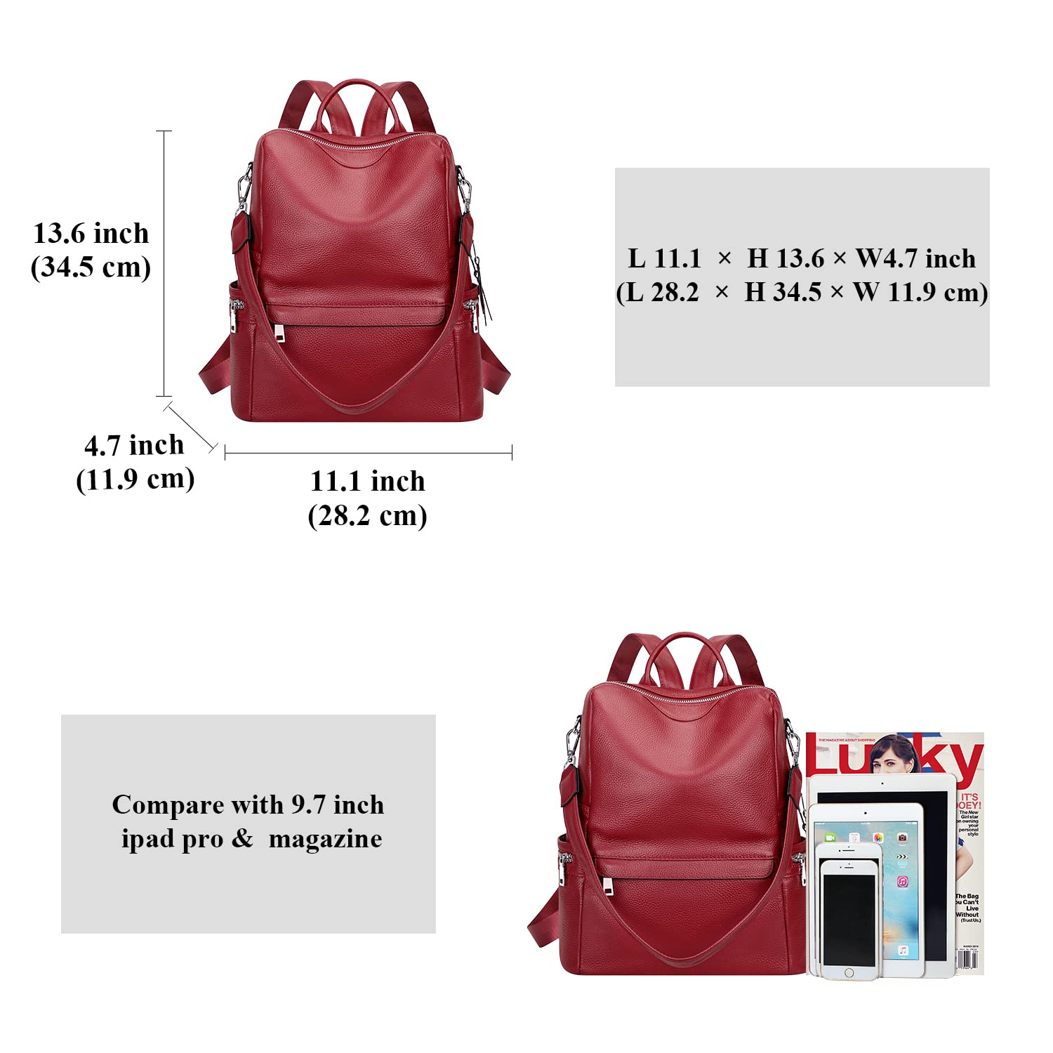 ALTOSY Leather Backpack for Women Elegant Genuine Backpack Purse Ladies Leather Shoulderbag （S80 Red Wine）
