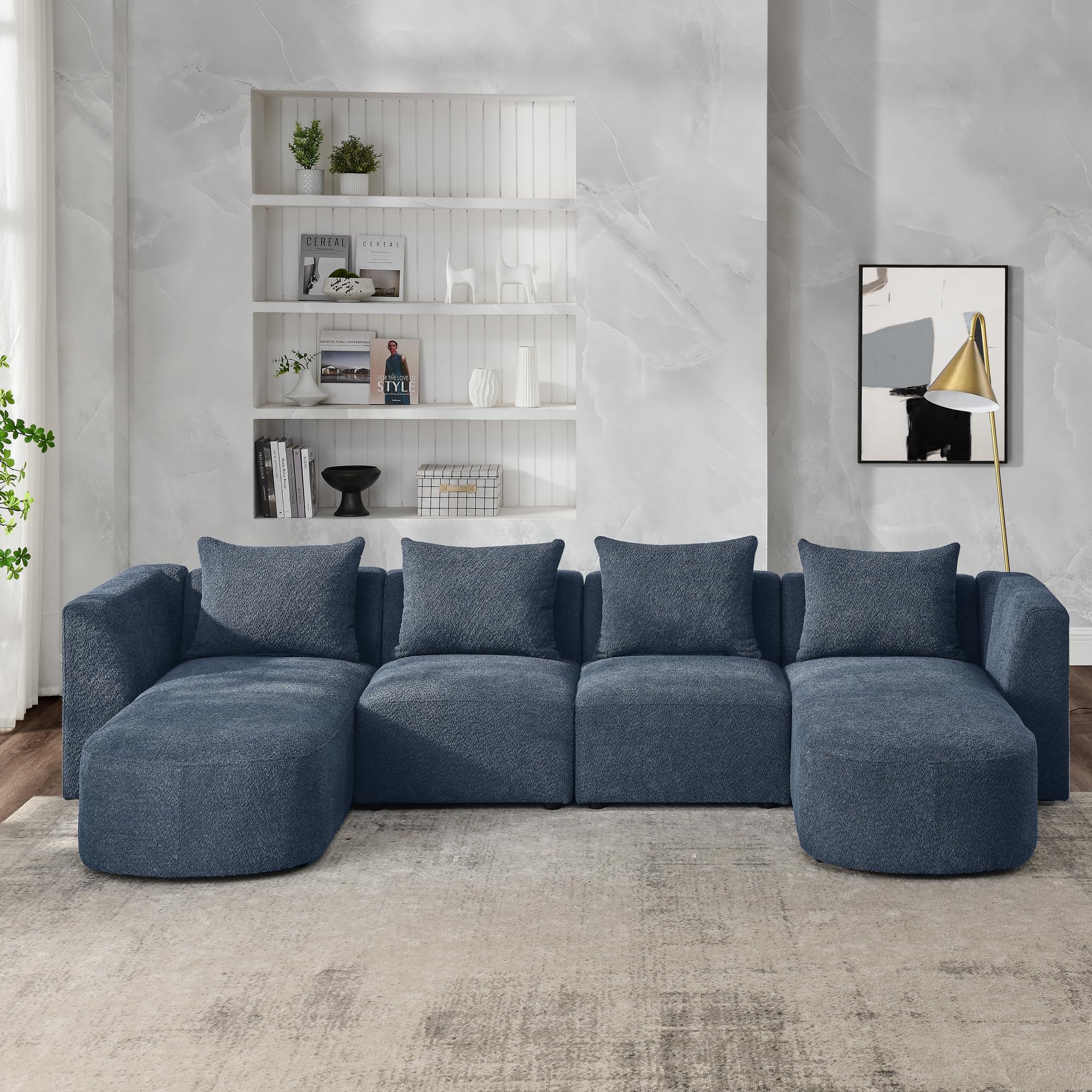 DEINPPA U Shape Modular Sectional Sofa, Minimalist Style Modular Couch, 4 Seat Cushion Couch with 4 Pillows for Living Room/Apartment, Bouclé Fabric, Navy Blue