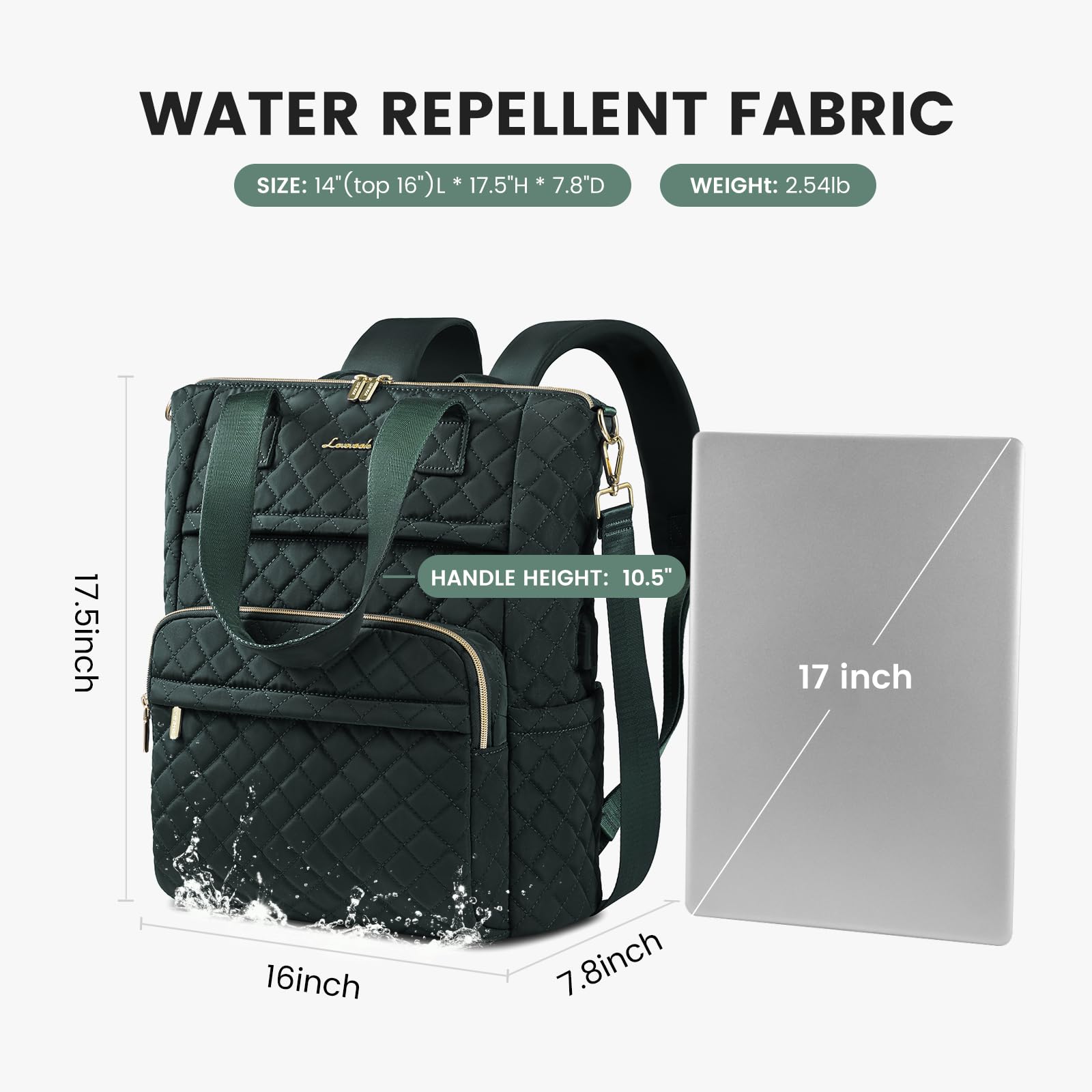 LOVEVOOK Laptop Backpack for Women 17 inch,Diamond Quilted Convertible Backpack Tote Laptop Computer Work Bag,Womens Travel Backpack Purse College Teacher Carry on Back pack with USB Port,Dark Green