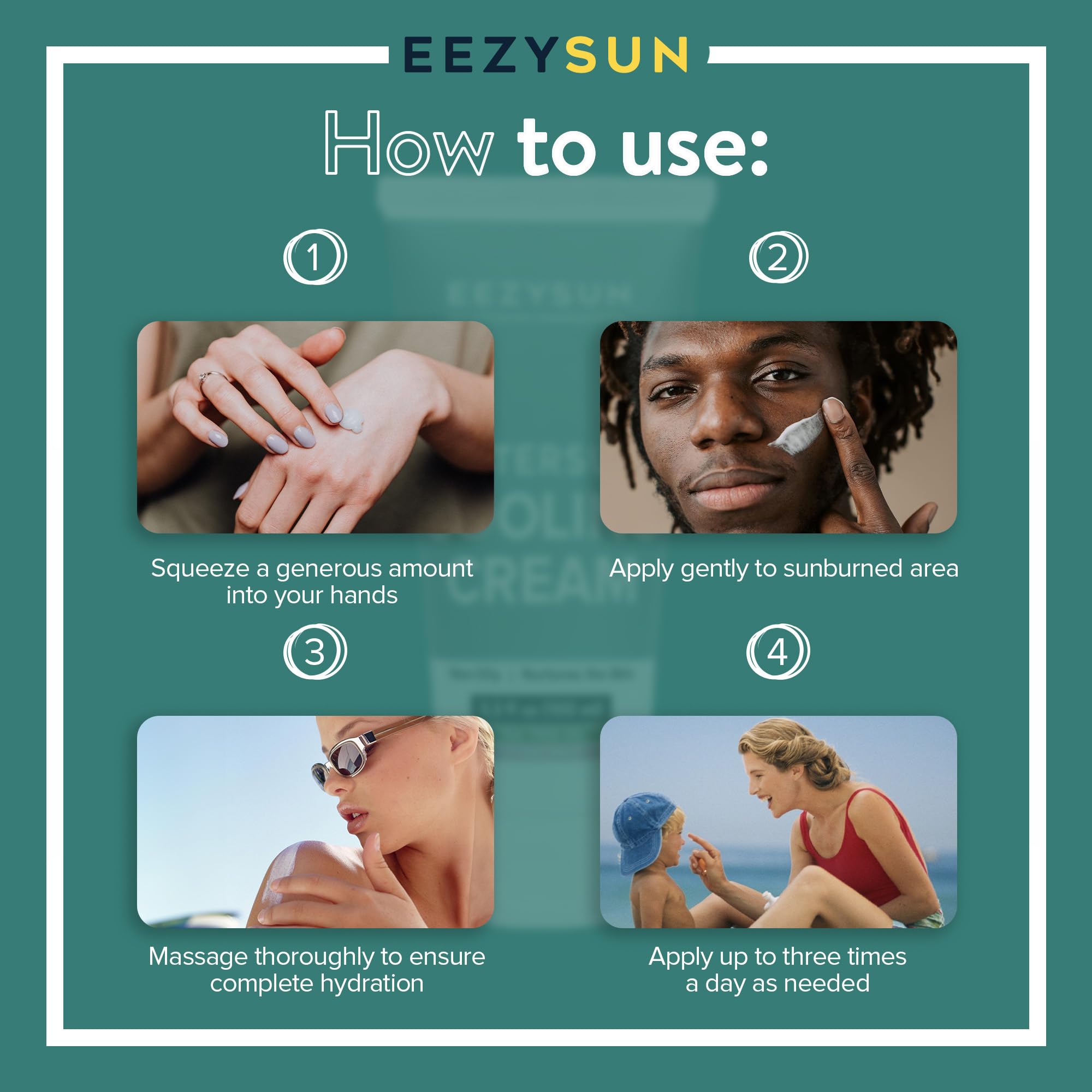 EEZYSUN AfterSun Cooling Cream | Vegan AfterSun Care with Aloe Vera, Tea Tree Oil, & Chamomile to Soothe, Hydrate, & Repair Sunburn | Dermatologically Tested 3.3 FL OZ