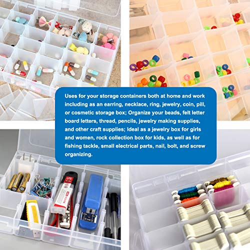 2pack 36 Grids Clear Plastic Organizer Box Storage Container Jewelry Box with Adjustable Dividers for Beads Art Crafts Jewelry Fishing Tackles with 8 Inch Multipurpose Scissors, Soft Ruler