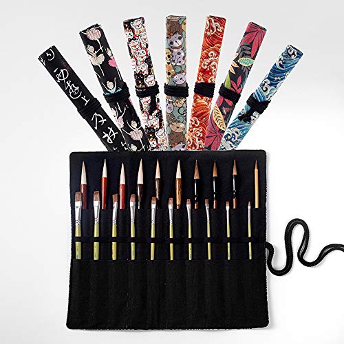 20 Slots Artist Paint Brush Roll Up Bag Holder Canvas Pouch Makeup Case Organizer Rollup Protection(Without Brushes) (Cat/B)