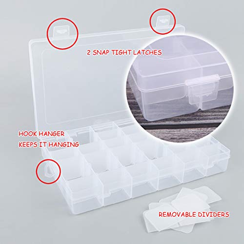 2pack 36 Grids Clear Plastic Organizer Box Storage Container Jewelry Box with Adjustable Dividers for Beads Art Crafts Jewelry Fishing Tackles with 8 Inch Multipurpose Scissors, Soft Ruler