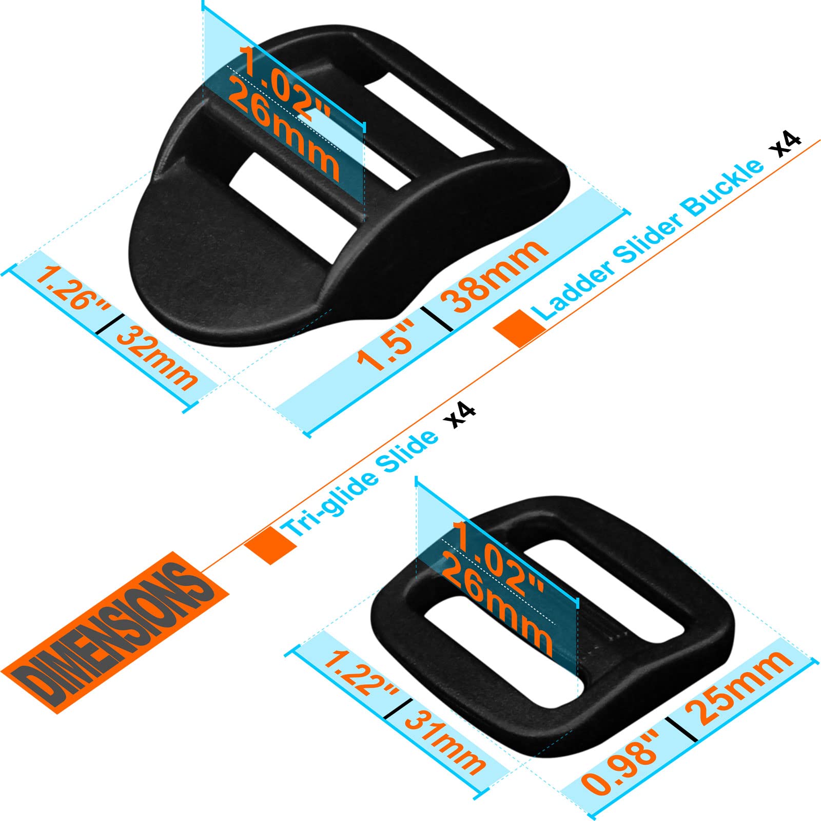 Slider Buckle for 1" Webbing: 4 Set Plastic Ladder Lock Buckles and Tri-glide Slide Fit 1 inch (25 mm) Wide Nylon Web Strap, Adjustable Quick Release Plastic Adjuster Clips Replacement Heavy Duty