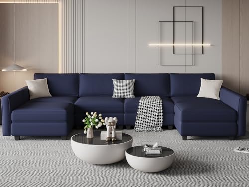 DANNRATCH Modular Sectional Sofa U Shaped Convertible Sectional Couch with Reversible Chaise, Sleeper Velvet Modular Couch with Ottomans for Living Room Furniture Sets Navy Blue