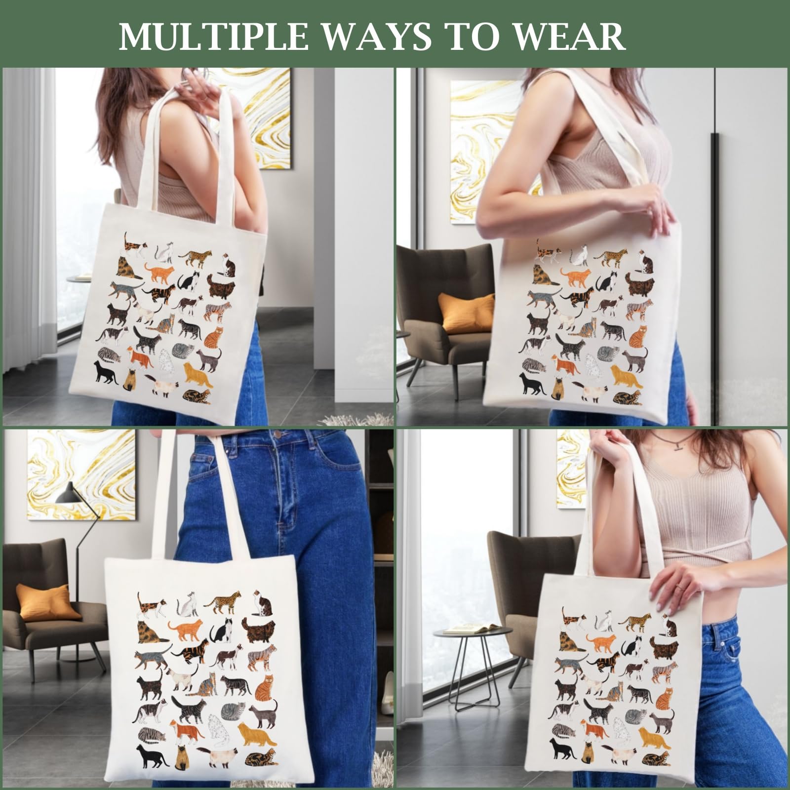 Andeiltech Canvas Tote Bag for Women Fun Cat Aesthetic Tote Bag with Inner Pocket Cats Shoulder Book Bag Gift Shopping Reusable Grocery Bags