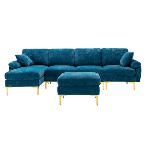 i-POOK 114.42" Polyester U Shaped Sectional Couch, 4 Seat Convertible Sofa with Removable Ottoman and 6.3" Thick Soft Cushion, Deep Seat Comfy Couches for Living Room, Teal Blue