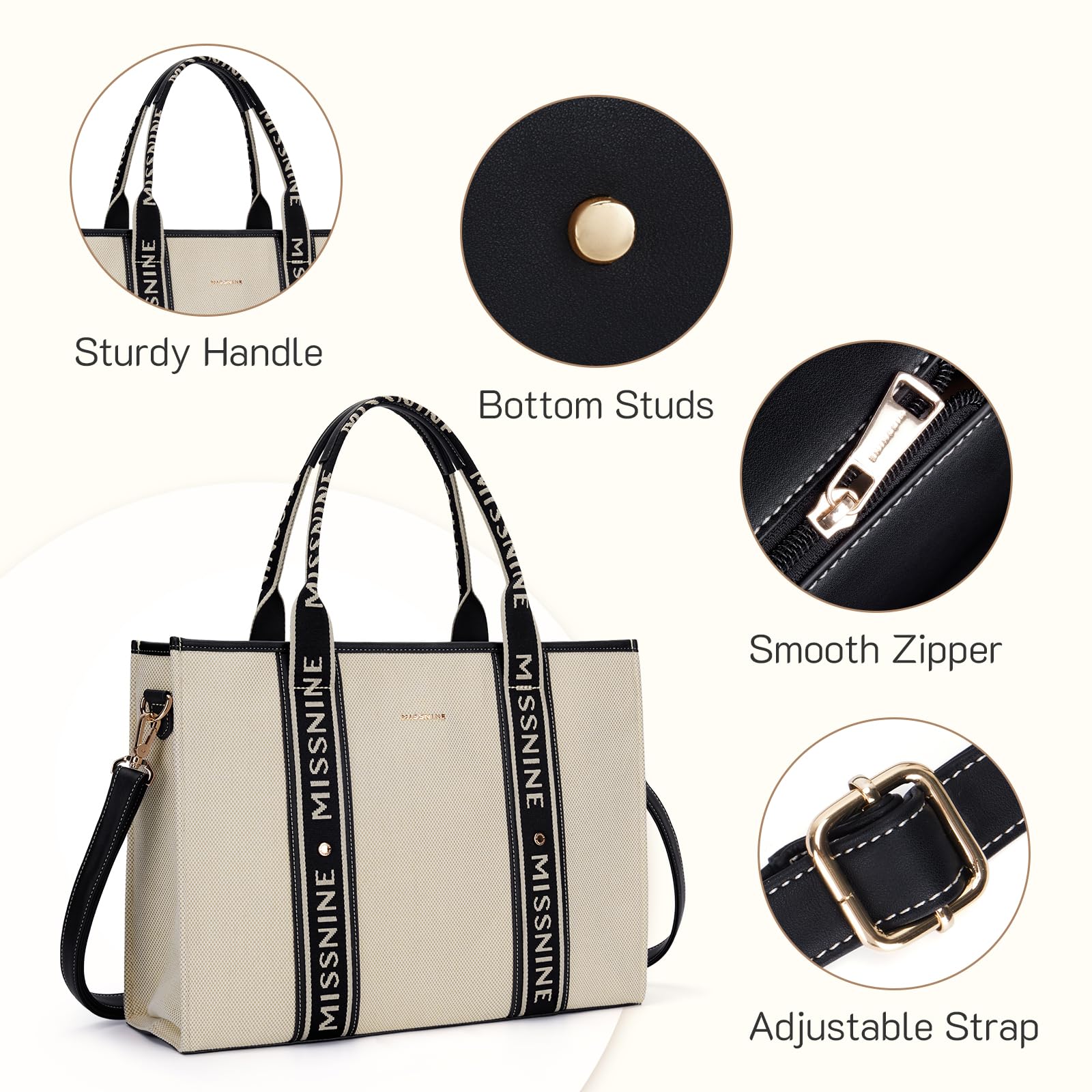 Missnine Tote Bag Canvas Laptop Bag 15.6 inch Briefcase for Women Large Capacity Handbag for Office, College, Travel (Beige+black)