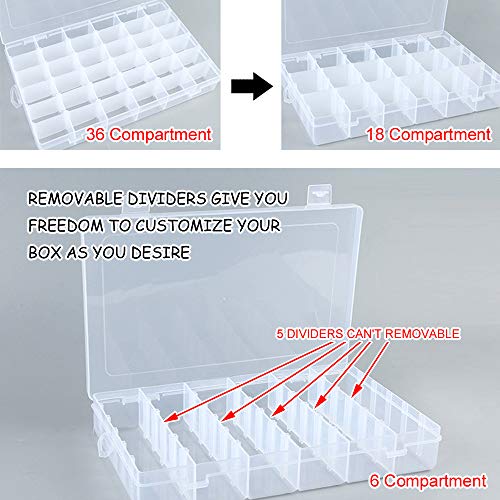 2pack 36 Grids Clear Plastic Organizer Box Storage Container Jewelry Box with Adjustable Dividers for Beads Art Crafts Jewelry Fishing Tackles with 8 Inch Multipurpose Scissors, Soft Ruler