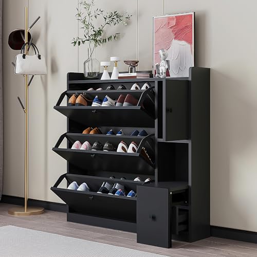 ZLECTIO Shoe Rack with 3 Flip Drawers and 1 Pull-Down Seat, Freestanding Shoe Cabinet for Entryway with Drawer, Shoe Storage Organizer for Home Living Room Bedroom Apartment Hallway