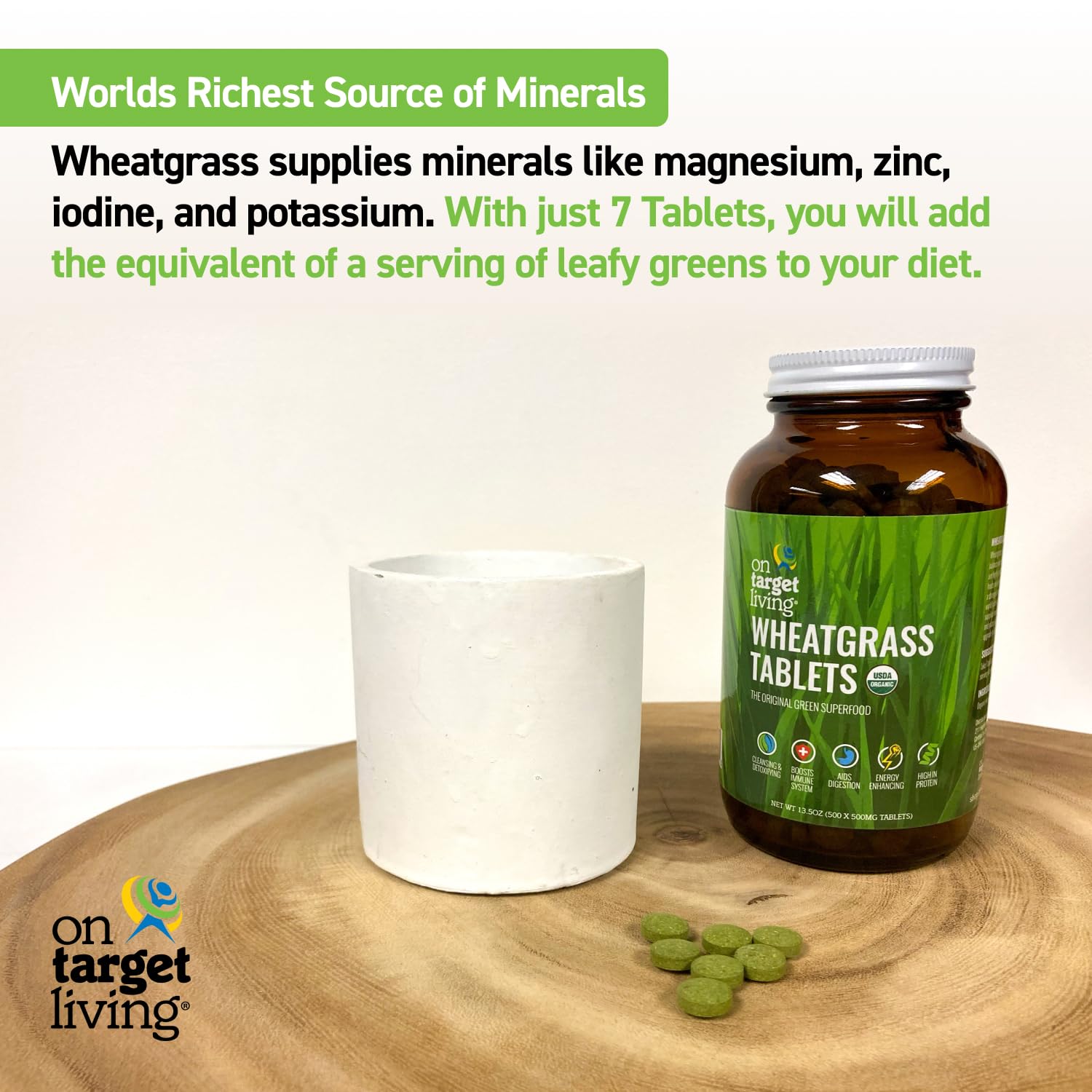 On Target Living Wheatgrass Tablets- 500 Tablets | USDA Organic |