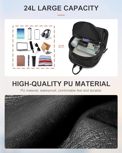 Laptop Backpack Women, Faux Leather Work Travel Backpack for Men with USB Port, Waterproof Fashion Casual Daypack for Business University, Large Capacity Carry On Backpack for Airplanes, Black