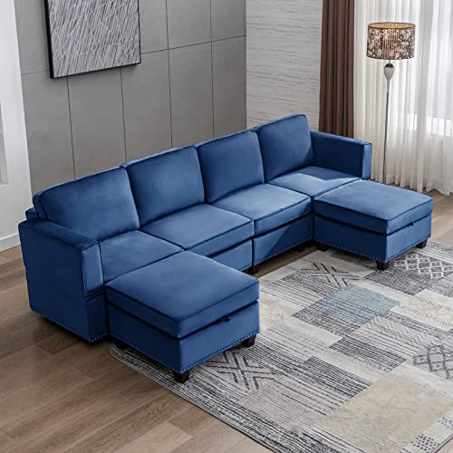 CECER Modular Sectional Sofa Couch,4 Seater Free Combination Sofa Couch with 2 Movable Storage Ottomans, Convertible Sofa Couch with Adjustable Armrest and Backrest for Living Room(Dark Blue)