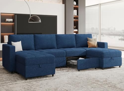 Belffin Fabric Modular Convertible Sectional Sofa U Shape Pull Out Couch with Ottomans 6 Piece Sofa Sectional Set Sleeper Couch with Double Reversible Chaises and Storage for Living Room Blue
