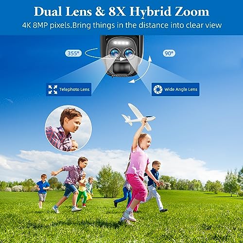 Uniter 4K Solar Security Cameras Wireless Outdoor, 2.4g & 5g WiFi PTZ Camera Battery Powered, 360°View Home Security Systems with Color Night Vision, Spotlight Siren, PIR Sensor, IP66