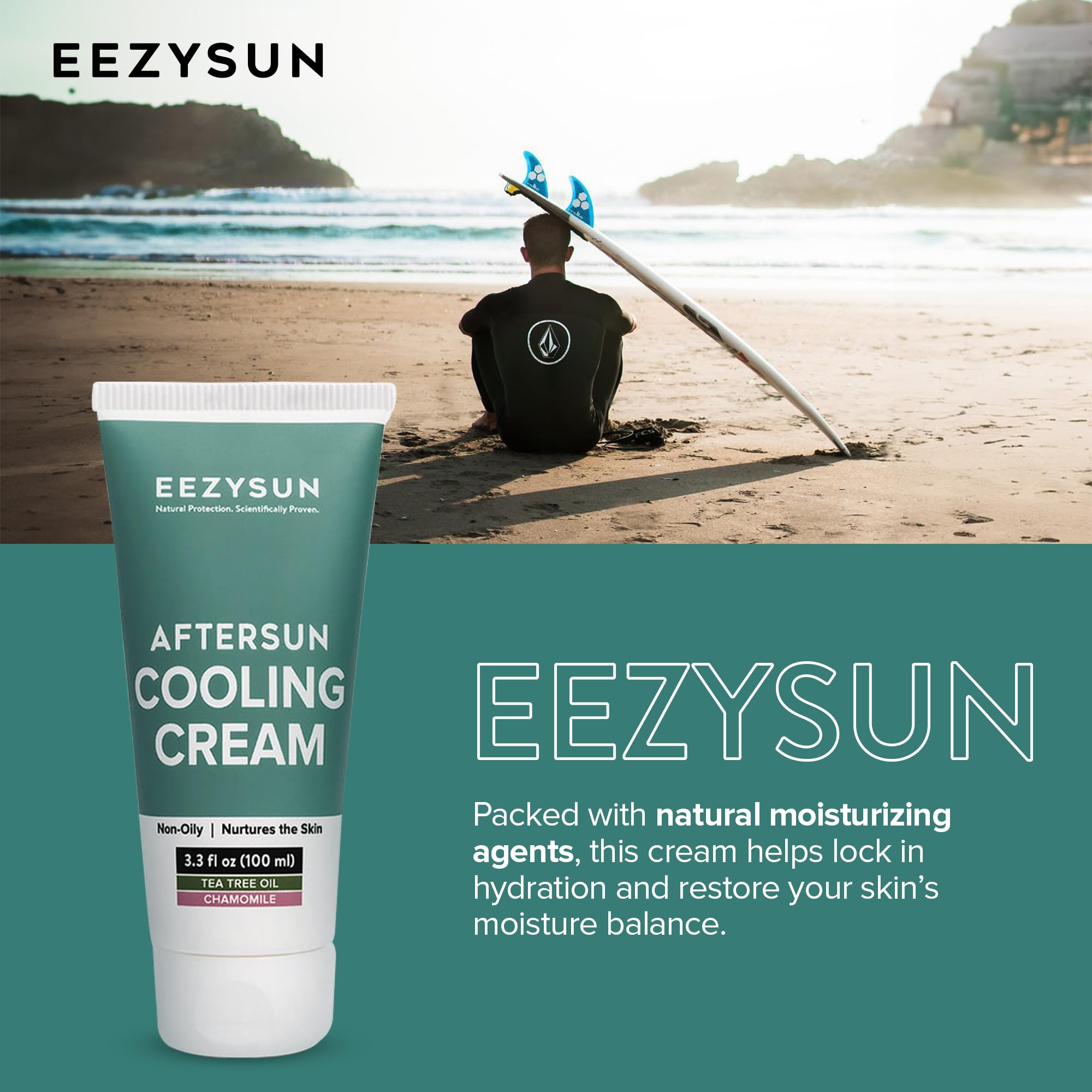 EEZYSUN AfterSun Cooling Cream | Vegan AfterSun Care with Aloe Vera, Tea Tree Oil, & Chamomile to Soothe, Hydrate, & Repair Sunburn | Dermatologically Tested 3.3 FL OZ
