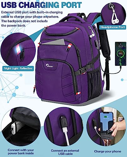 VANKEV Travel Backpack, Extra Large Laptop Backpack for Women Men,School College Business Work Bookbag Anti Theft TSA Approved Computer Bag Fits 17 Inch Laptop with USB Charging Port(Purple)