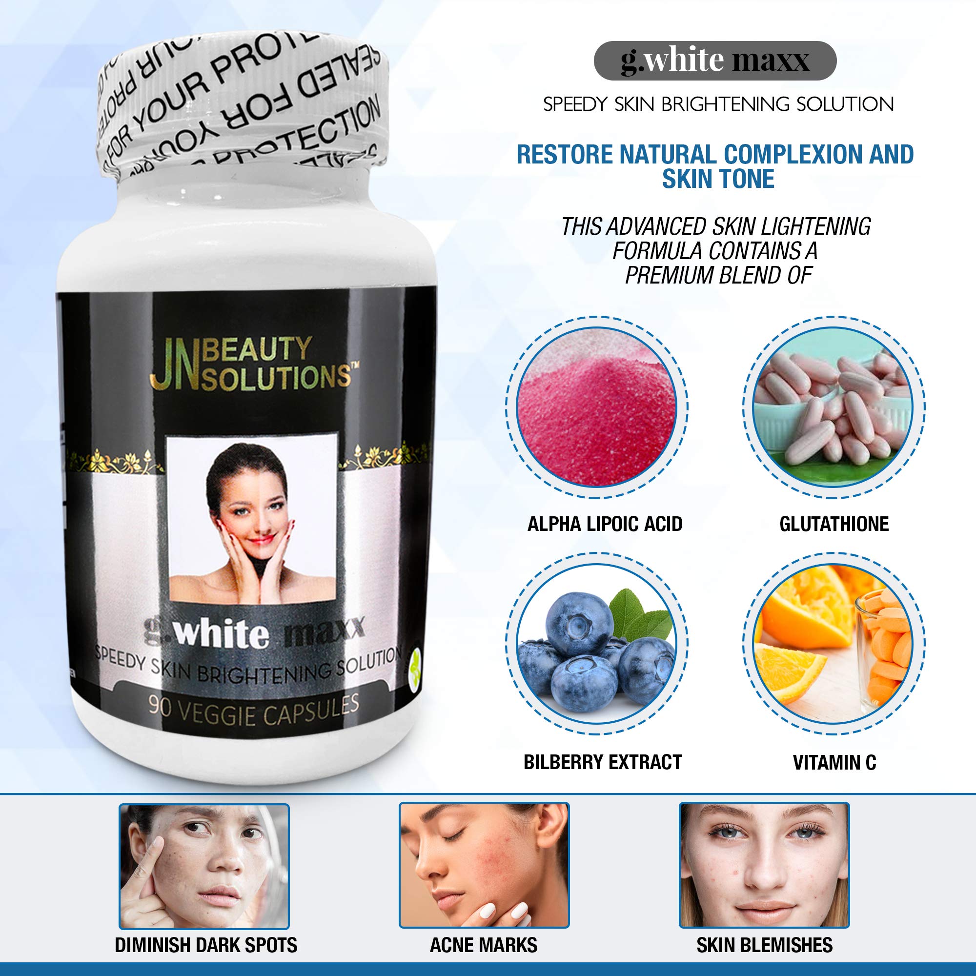 Skin BRIGHTENING Supplement G.White MAXX, Increase The Immune System, Boost Anti-Oxidants and Complexion Lightening Skincare with Glutathione, Vitamin C and European Bilberry Extract.