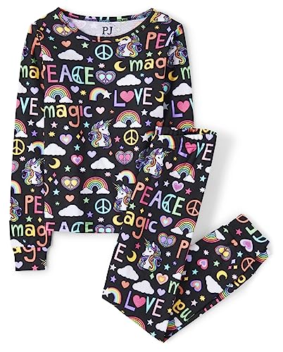 The Children's Place,Long Sleeve Top and Pants Snug Fit 100% Cotton 2 Piece Pajama Set,BLACK,10