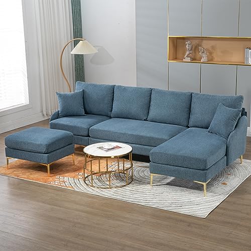 110" W Convertible Sectional Sofa with Reversible Chaise Lounge and Activity Ottoman, Polyester Blend U-Shape Modular Sectional Couch, 4-Seat Upholstered Sofa Couch for Living Room Apartment, Blue