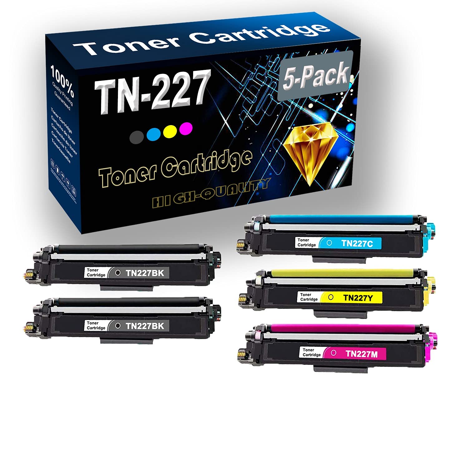 Kolasels 5-Pack (2BK+C+Y+M) Compatible High Yield TN227 TN-227BK TN-227C TN-227Y TN-227M Imaging Toner Cartridge use for HL-L3210CW HL-L3230CDW HL-L3270CDW Printer