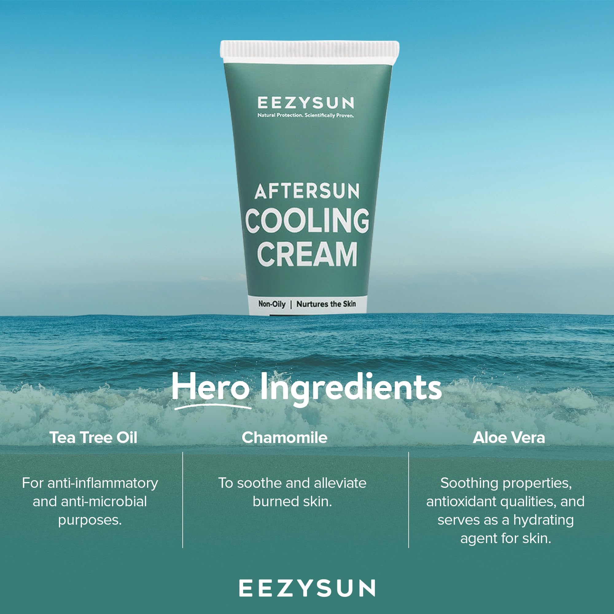 EEZYSUN AfterSun Cooling Cream | Vegan AfterSun Care with Aloe Vera, Tea Tree Oil, & Chamomile to Soothe, Hydrate, & Repair Sunburn | Dermatologically Tested 3.3 FL OZ