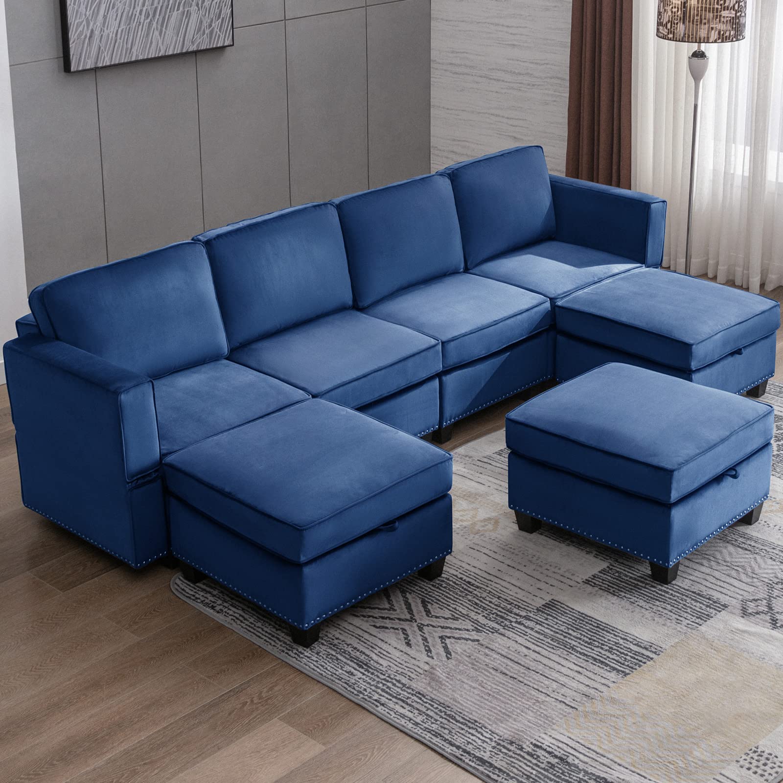 Horgaeo Reversible Sleeper Sectional Sofa, Modular U Shaped Couch with Storage Ottoman, Angle-Adjustable Armrest Velvet Fabric Sofa with Convertible Chaise for Living Room, Apartment, Studio (Blue)