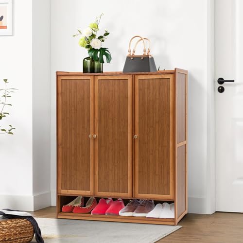 HaroldDol Bamboo Shoe Storage Cabinet with 3 Doors, Shoe Floor Storage Organizer Rack for 30 Pairs Entryway Hallway, 35.4 * 12.6 * 42.1in