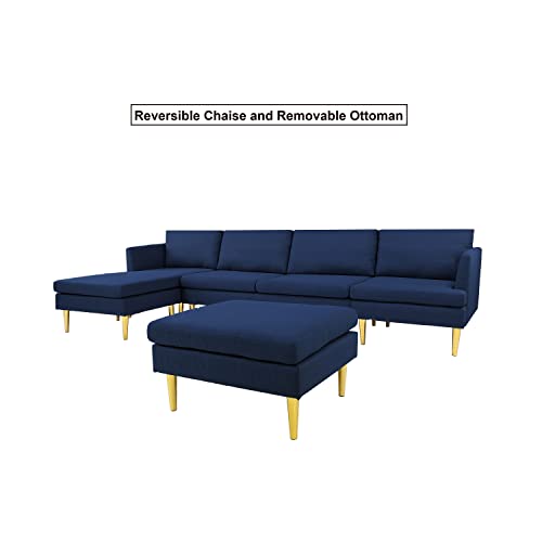 JULYFOX U Sectional Couch Sofa Blue, 122 inch Wide L Shaped Corner Sectional Couch with Chaise and Ottoman Mid Century Modern for Living Room