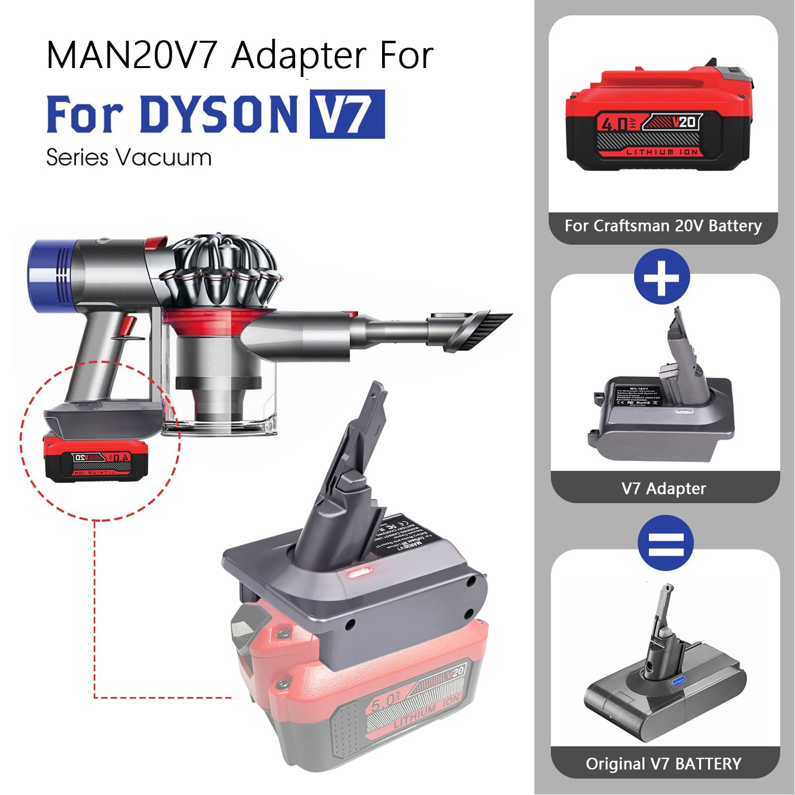 V7 Adapter for Craftsman 20V Battery Work for Dyson V7 Compatible with SV11 V7 Motorhead V7 Animal V7 Trigger V7 HEPA V7 Car+Boat V7 Absolute Handheld Vacuum Cleaners