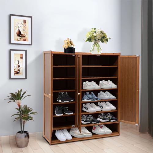HaroldDol Bamboo Shoe Storage Cabinet with 3 Doors, Shoe Floor Storage Organizer Rack for 30 Pairs Entryway Hallway, 35.4 * 12.6 * 42.1in