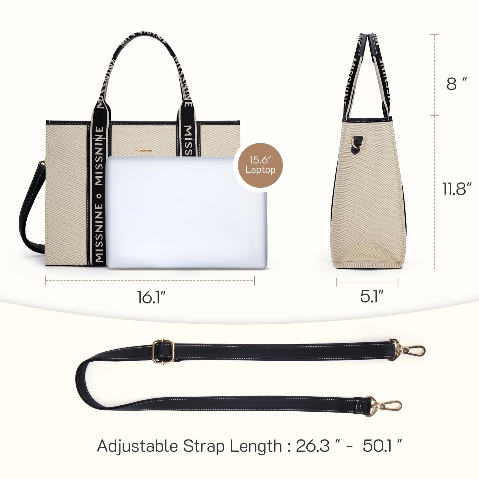 Missnine Tote Bag Canvas Laptop Bag 15.6 inch Briefcase for Women Large Capacity Handbag for Office, College, Travel (Beige+black)