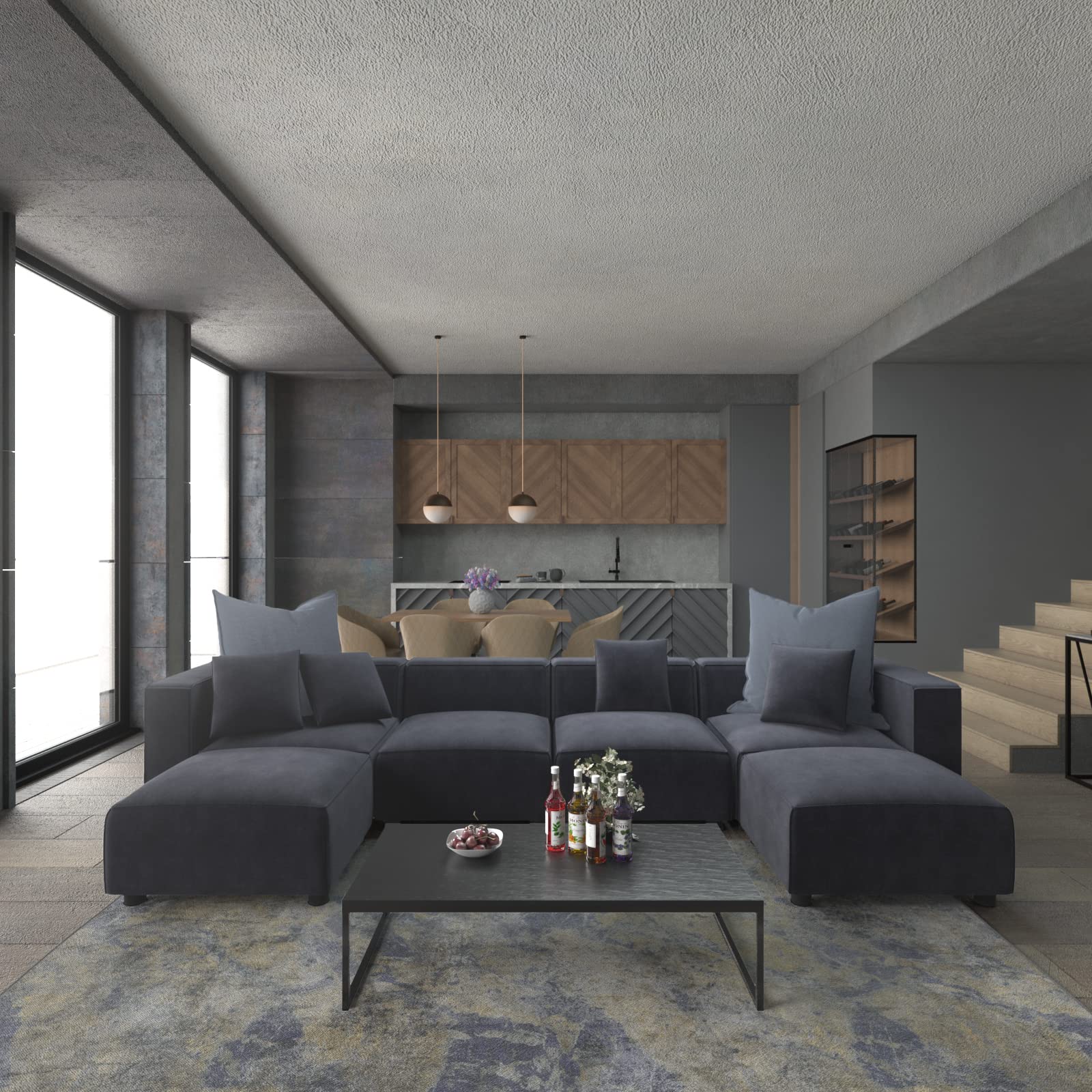 LLappuil Modern Modular Sectional Sofa Set, Low Back Minimalist Style Couch with Ottoman and Chaise Lounge, Soft Fabric 6 Seater 138.4" U Shaped Sofa for Living Room, Dark Grey