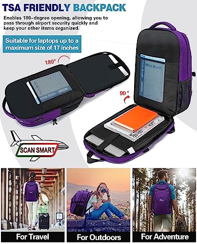 VANKEV Travel Backpack, Extra Large Laptop Backpack for Women Men,School College Business Work Bookbag Anti Theft TSA Approved Computer Bag Fits 17 Inch Laptop with USB Charging Port(Purple)