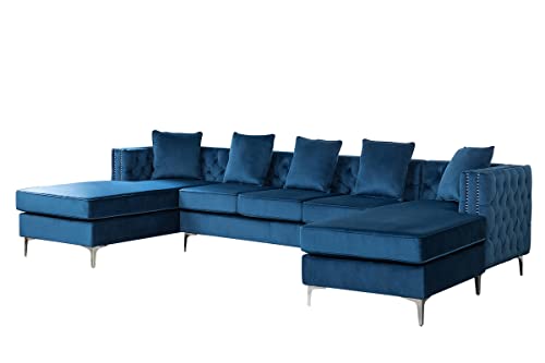 Modern U-Shape Sectional Sofa,Large Modular Sofa Velvet Couch Set with 5 Pillows and Metal Feet,Extra Wide Chaise Lounge Couch with Button Tufted and Nailhead Trim for Apartment Living Room,Blue