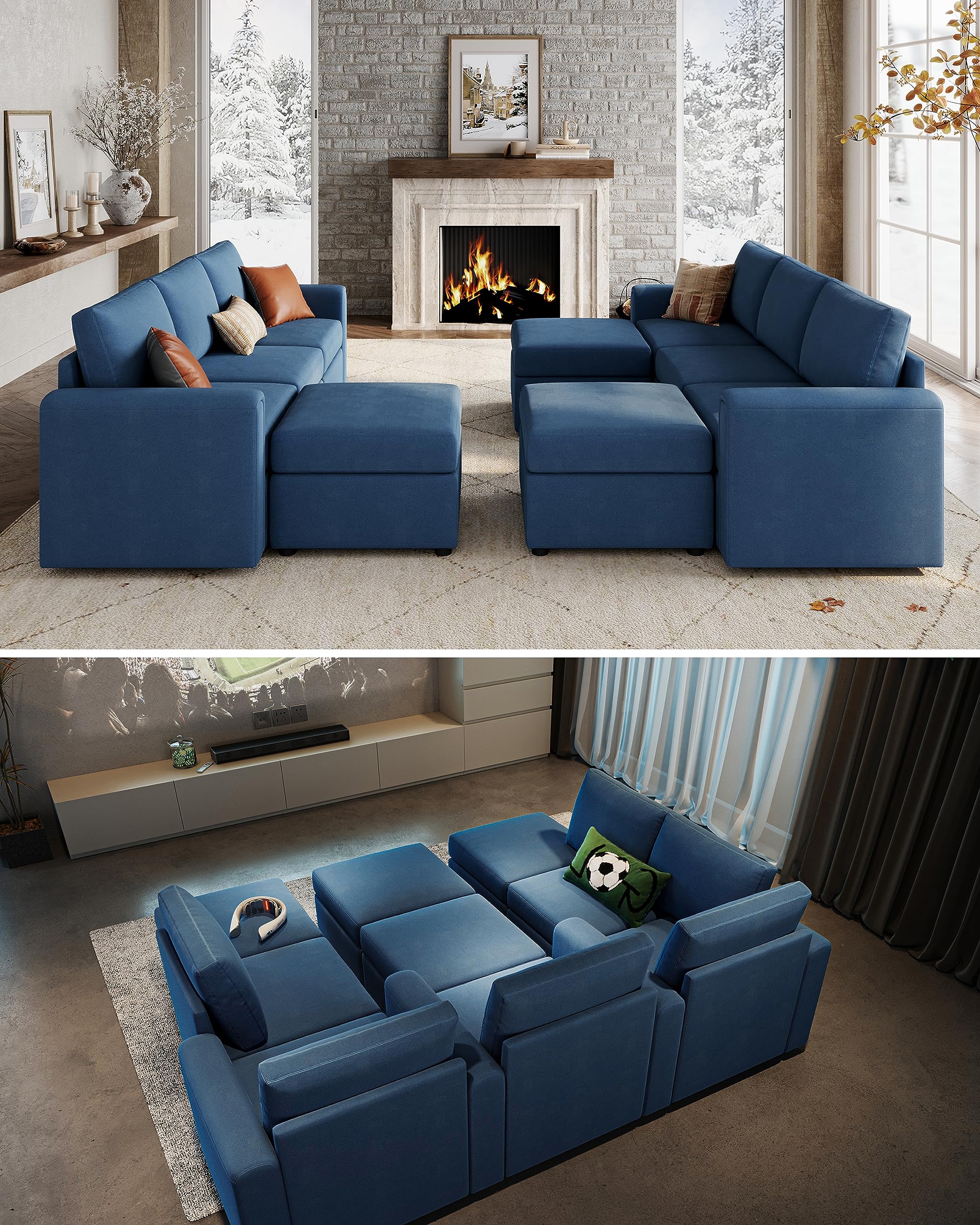 LINSY HOME Modular Sectional Sofa, Oversized Sectional Couch with Storage, Ottomans, Modular Sectional Sleeper Sofa with Memory Foam, 9 Seat U Shape Sofa Set for Living Room, Blue