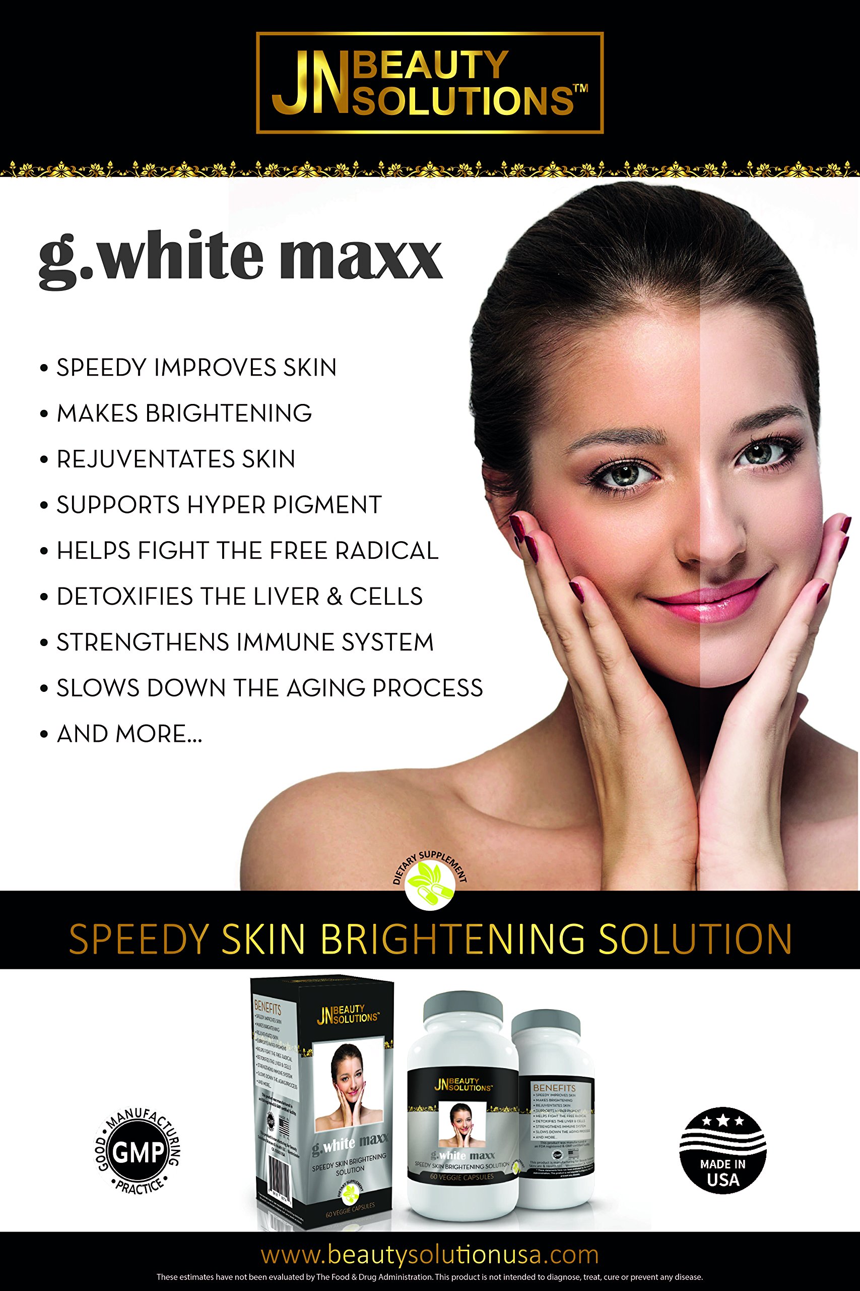 Skin BRIGHTENING Supplement G.White MAXX, Increase The Immune System, Boost Anti-Oxidants and Complexion Lightening Skincare with Glutathione, Vitamin C and European Bilberry Extract.