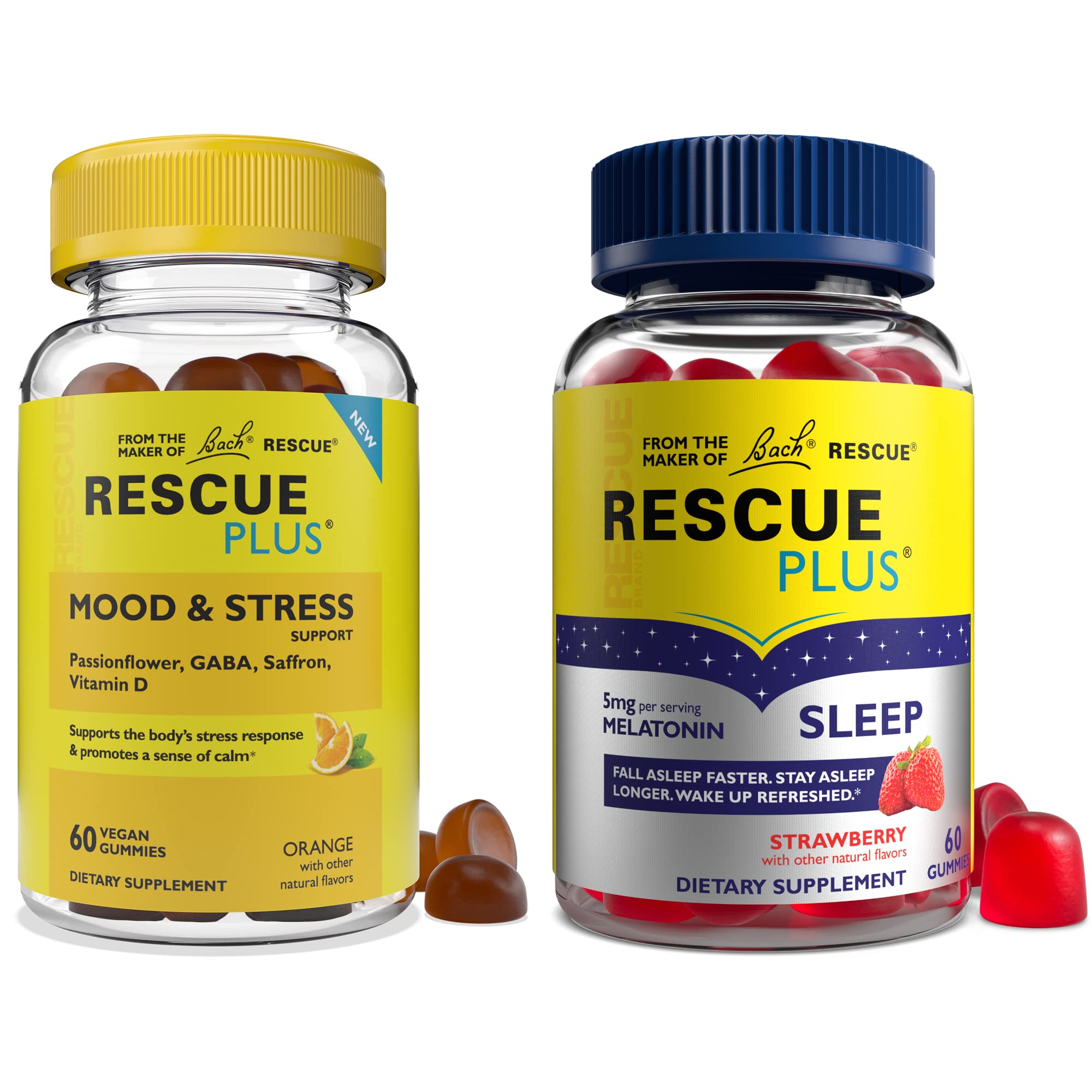 RESCUE Bach Plus Sleep Gummies with 5mg Melatonin/dose [and] Bach Plus Mood & Stress Support Gummies with Key Nutrients and Botanicals - 2PK Dietary Supplements, 60Ct Each