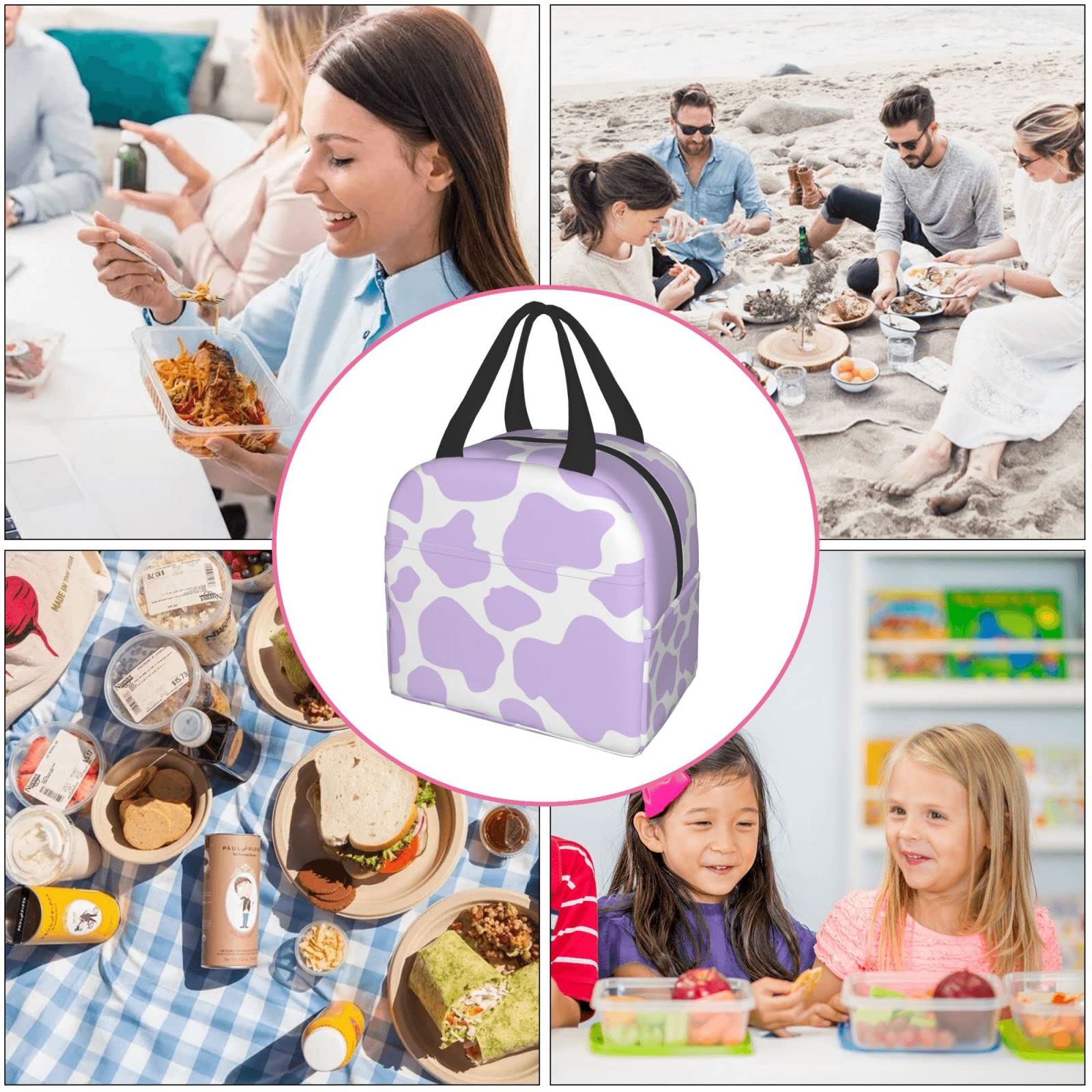 Cow Print Purple Insulated Lunch Bag Reusable Lunch Box Meal Portable Container Tote For Women Work Travel Picnic