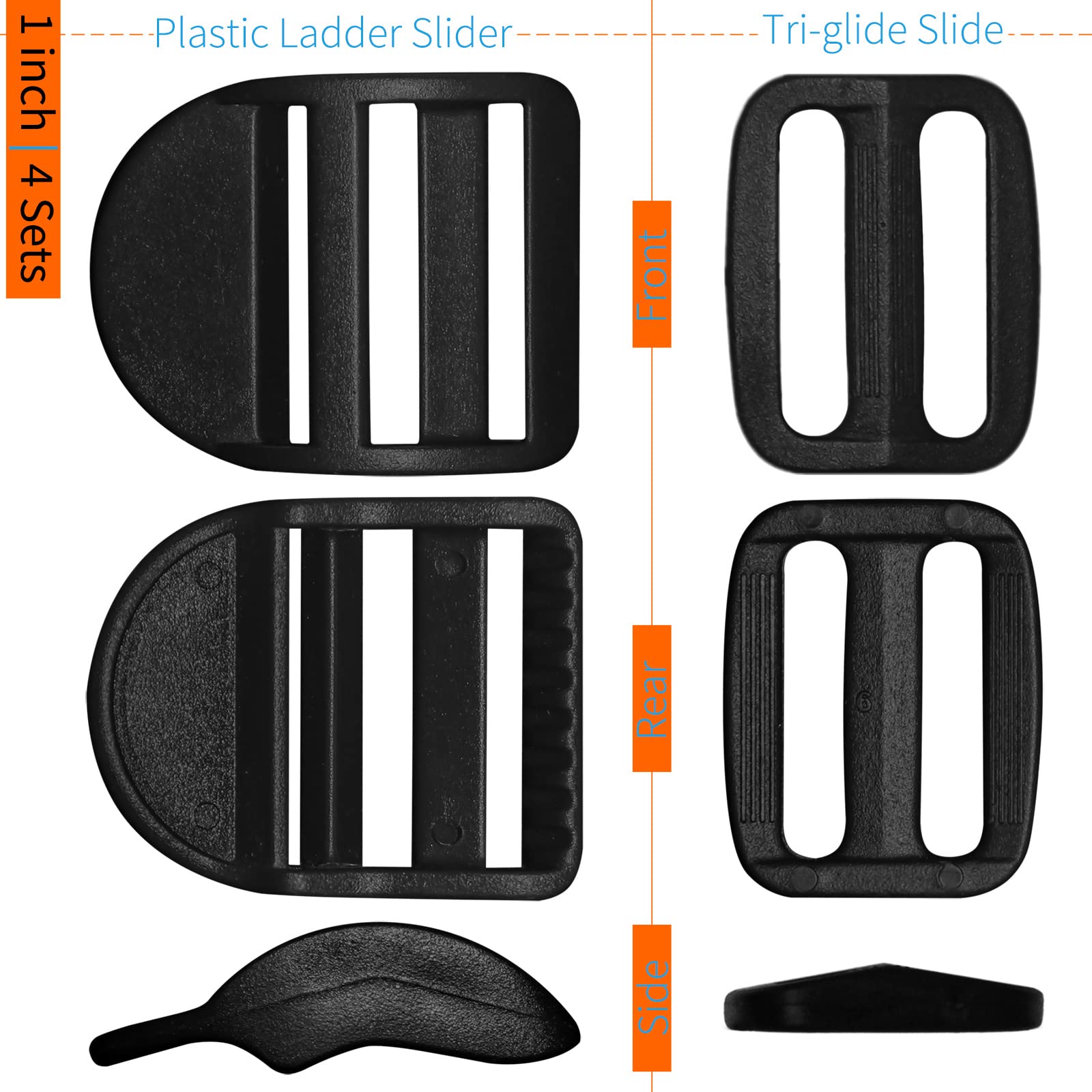 Slider Buckle for 1" Webbing: 4 Set Plastic Ladder Lock Buckles and Tri-glide Slide Fit 1 inch (25 mm) Wide Nylon Web Strap, Adjustable Quick Release Plastic Adjuster Clips Replacement Heavy Duty