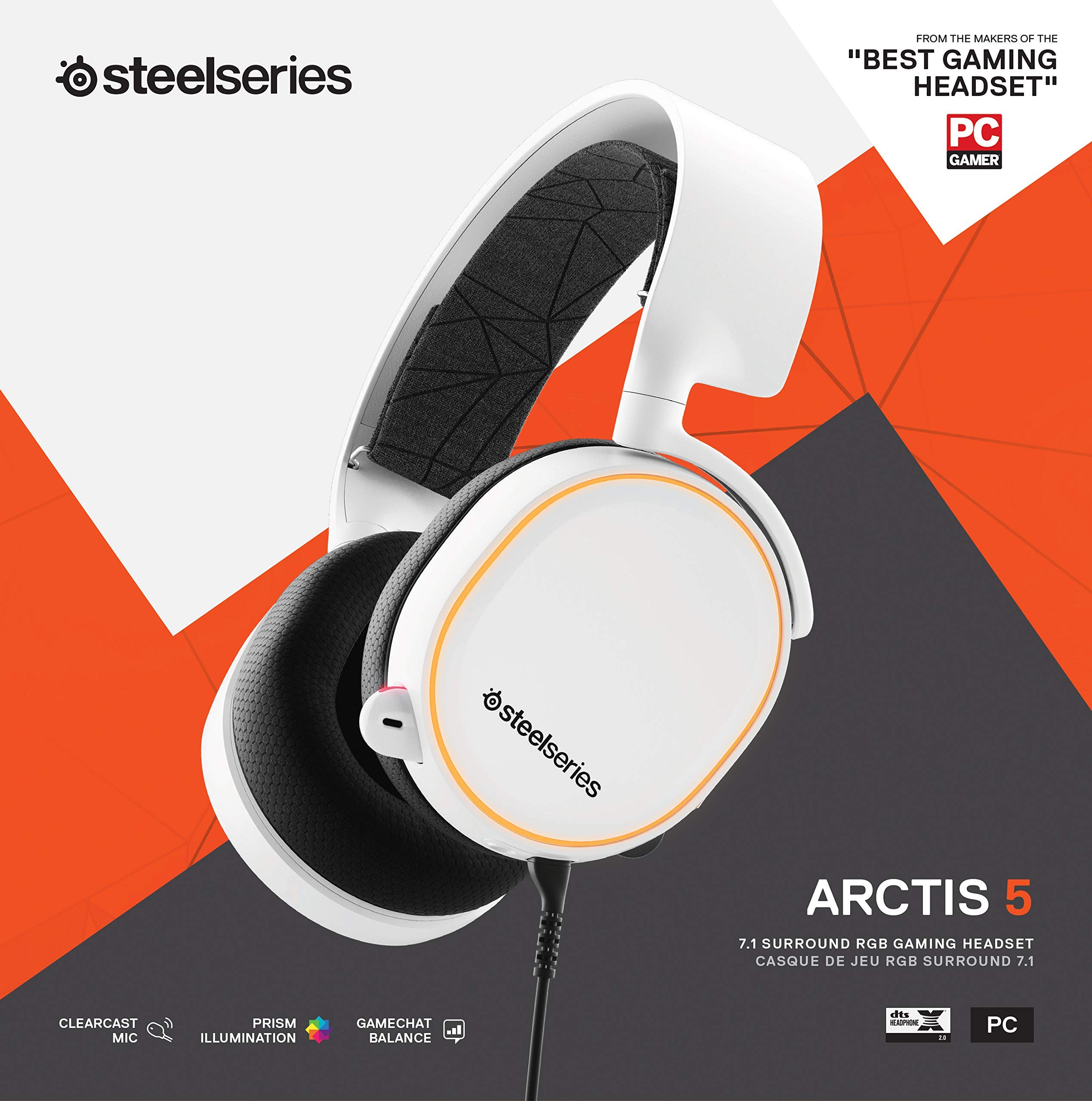 SteelSeries Arctis 5 (2019 Edition) RGB Illuminated Gaming Headset with DTS Headphone:X v2.0 Surround for PC and PlayStation 4 - White (Renewed)
